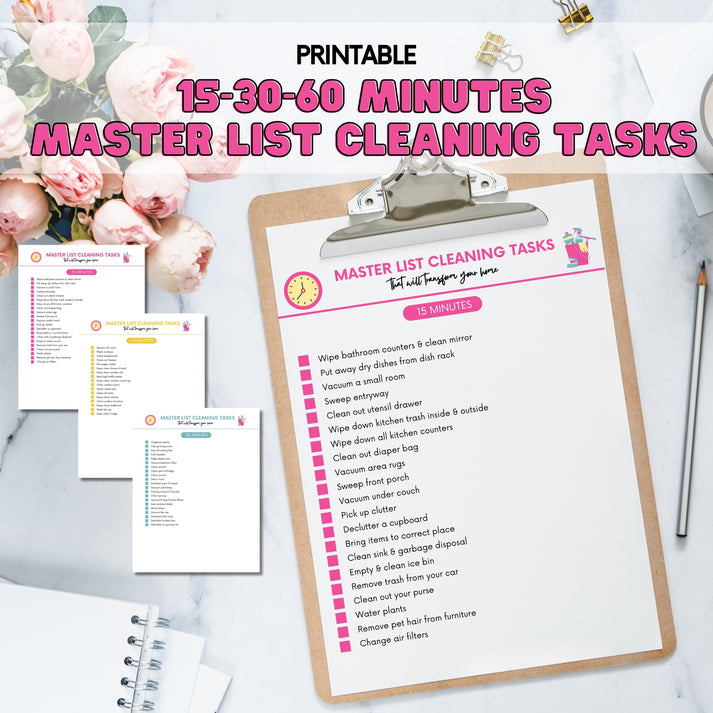 Master List Of Cleaning Tasks 15-30-60 Minutes – Shop The Cleaning Mommy